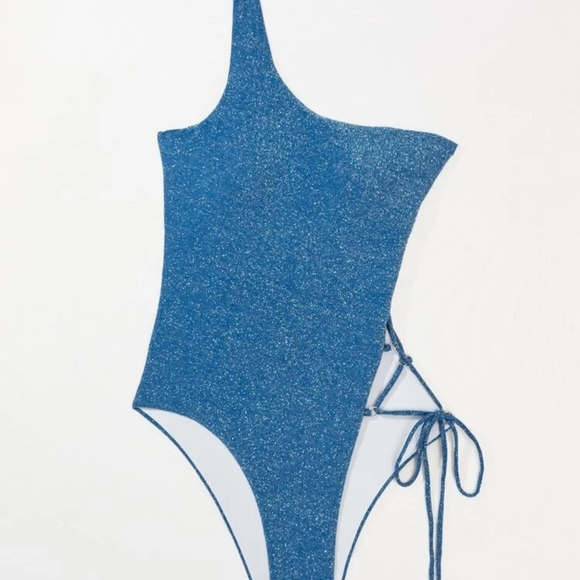 SHEIN | Swim | Shimmer Blue One Shoulder Lace Up Asymmetric Swimsuit ...